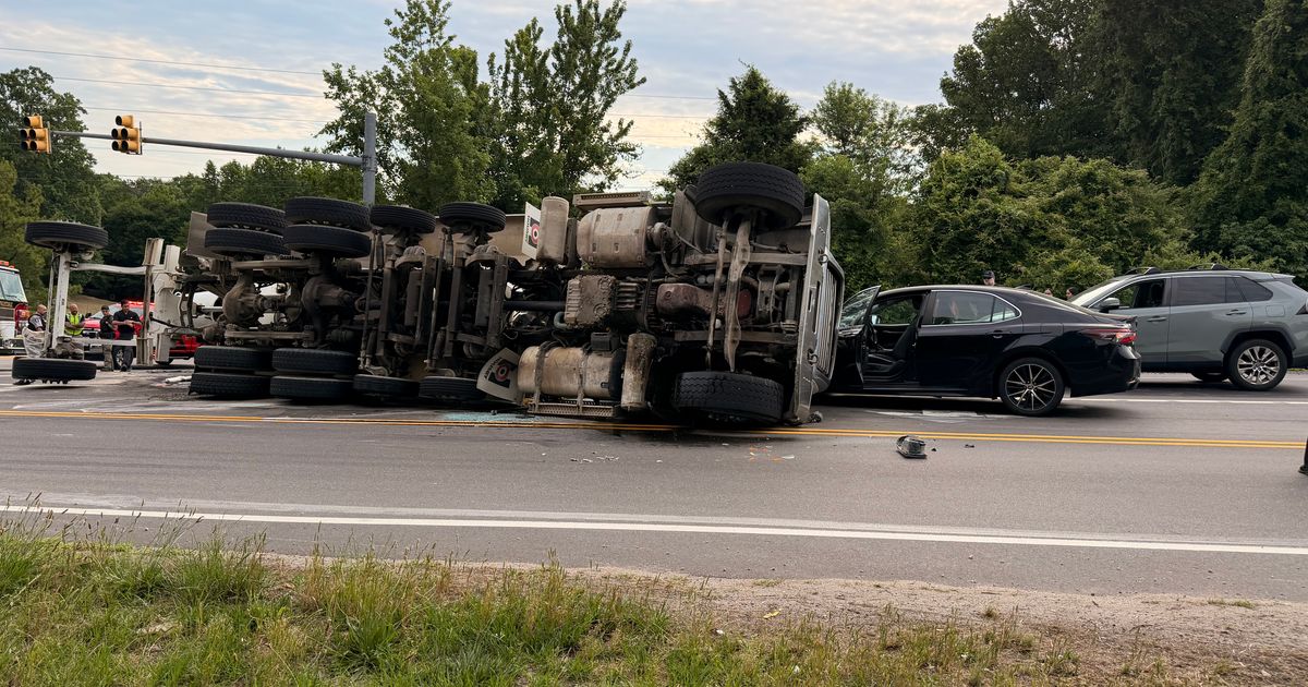 Overturned truck blocks Hodge Road at I-87 ramp in Knightdale