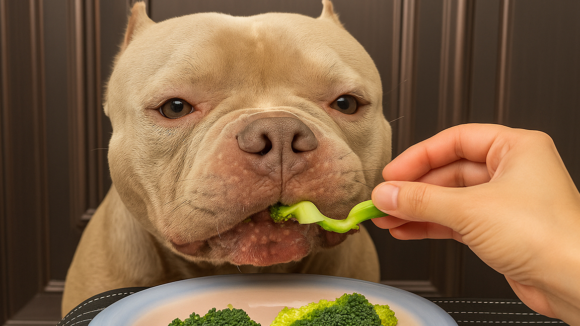 Dog eating broccoli from a fork