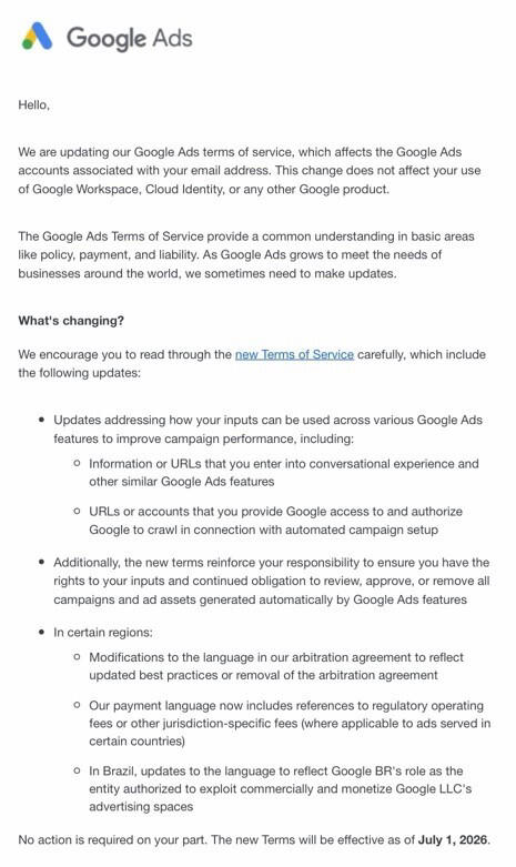 Google Ads updates terms of service ahead of July 2026 rollout