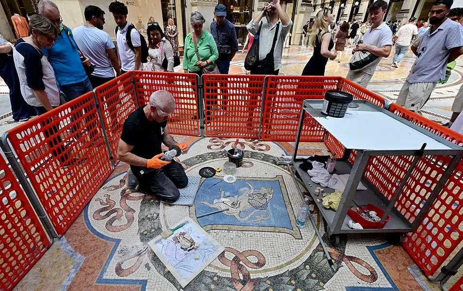 Milan's bull mosaic restoration mocked over missing details