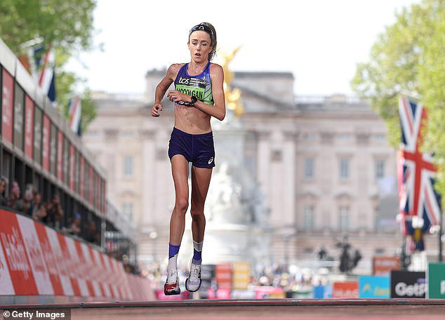 Eilish McColgan wearing a 'moon boot' after painful London Marathon injury