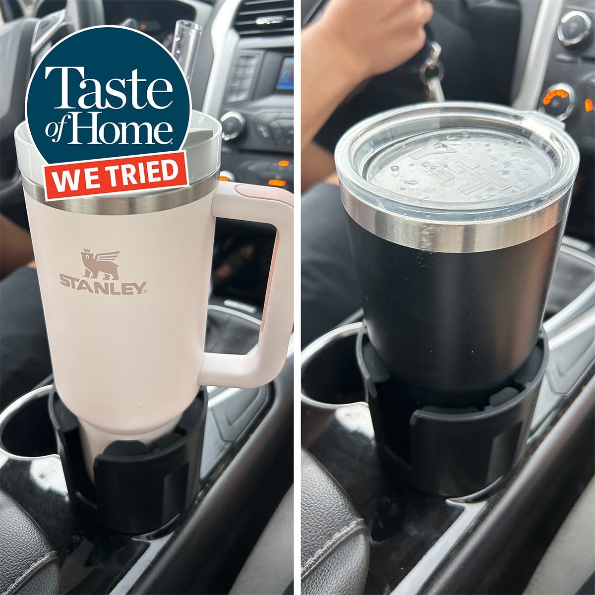 This car cup holder expander makes room for even the largest water bottles