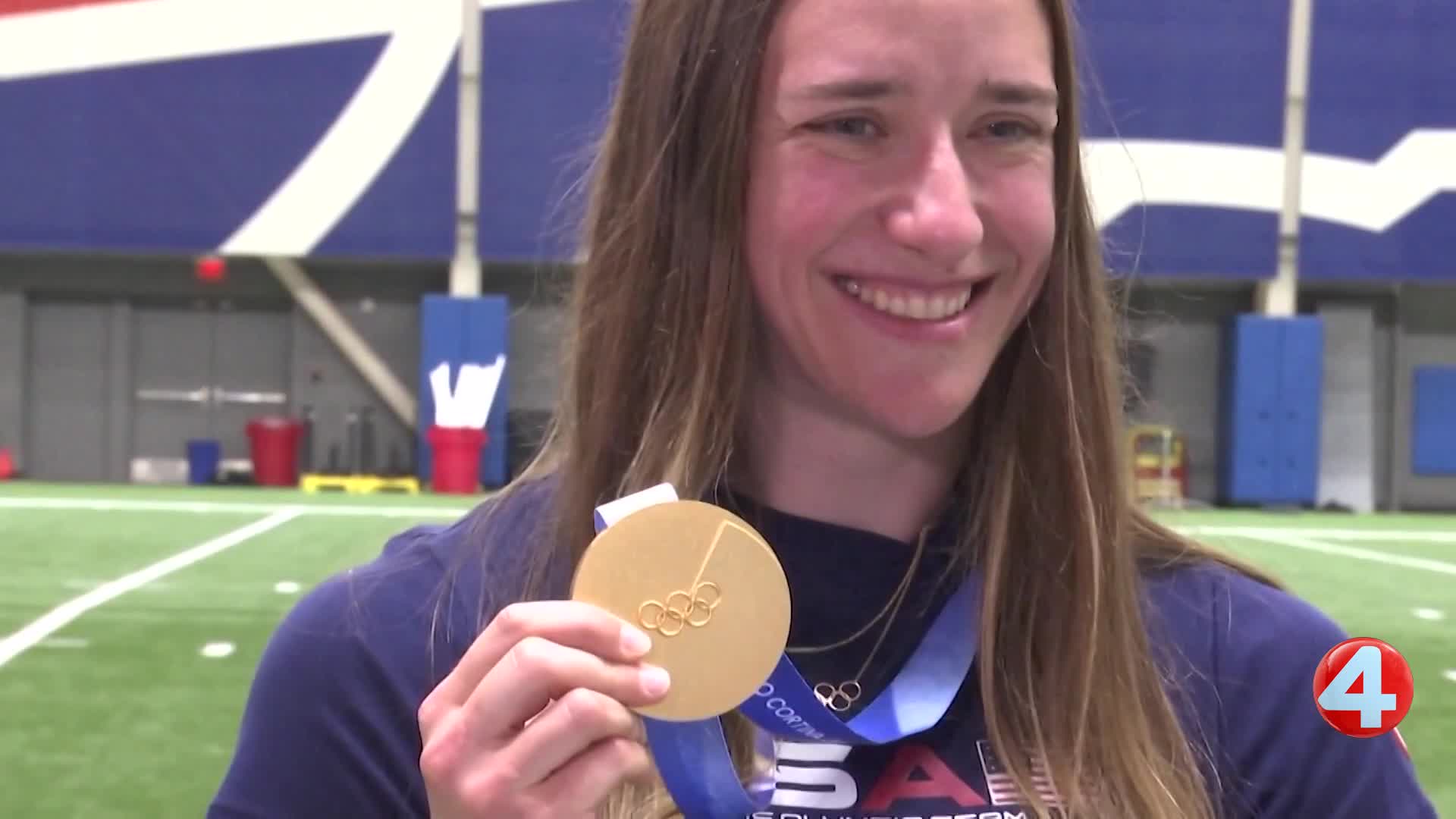 Olympic gold medalist Hayley Scamurra stops by Bills practice