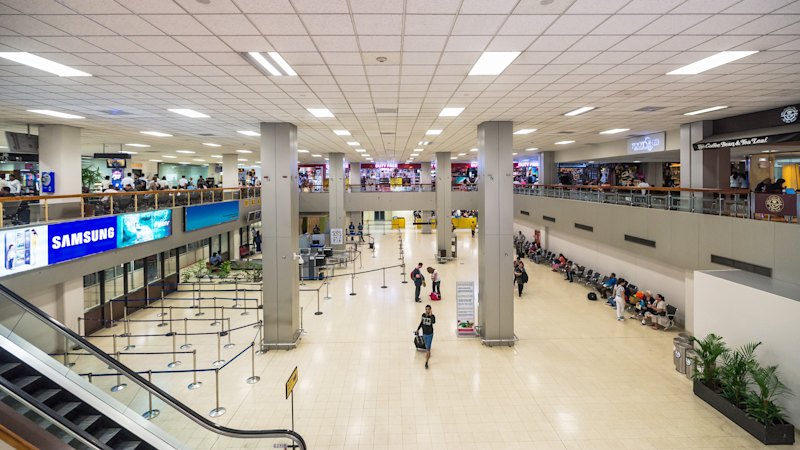 This dreary, dated airport has one major saving grace
