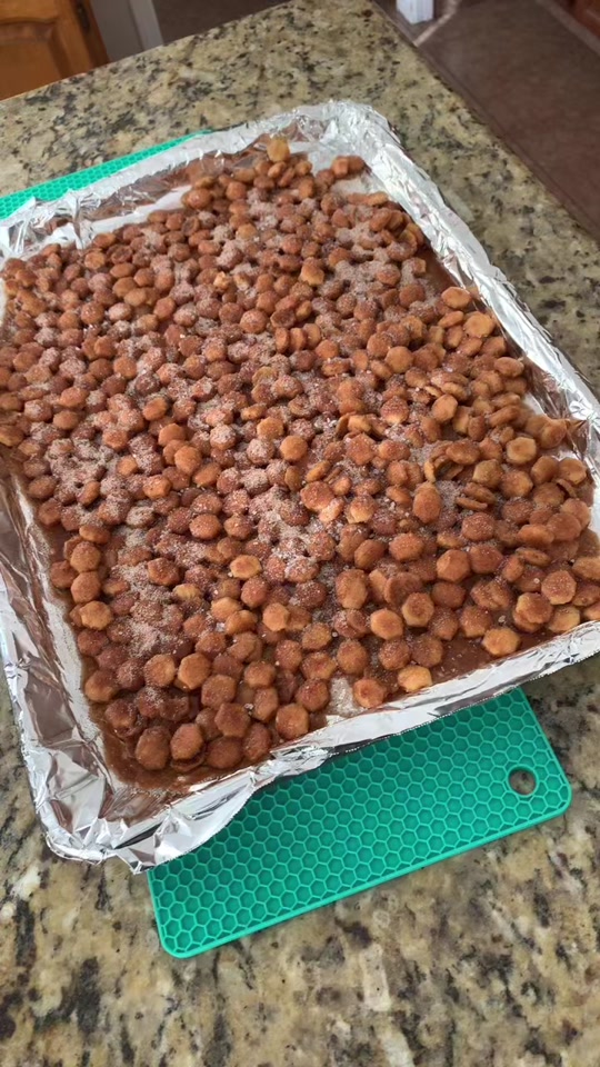 Homemade toffee cinnamon sugar oyster crackers with nuts