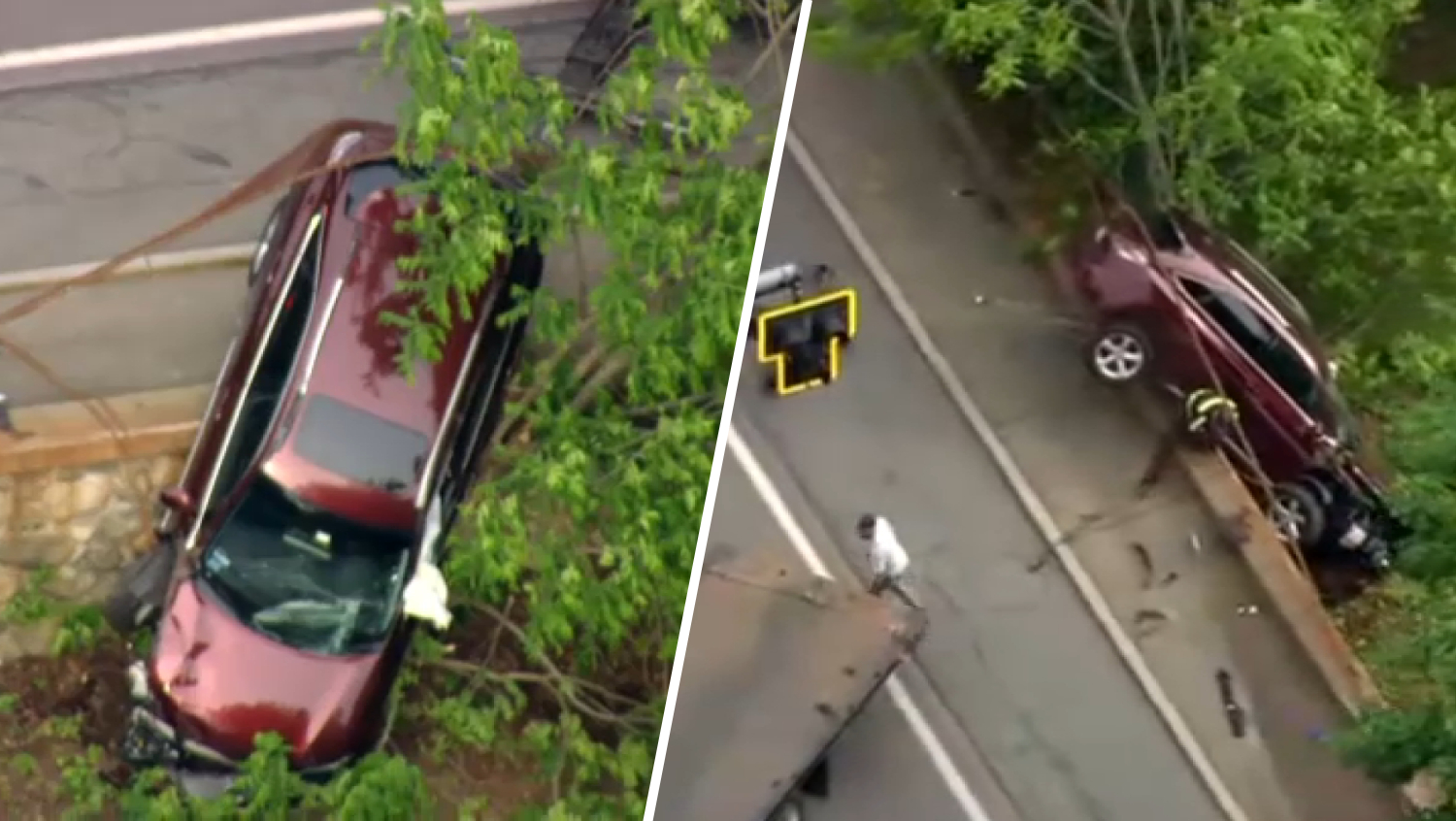 Crash sends vehicle over wall in Framingham