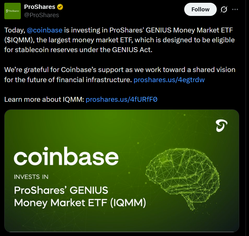 Coinbase invests in ProShares ETF tailored for stablecoin reserve assets