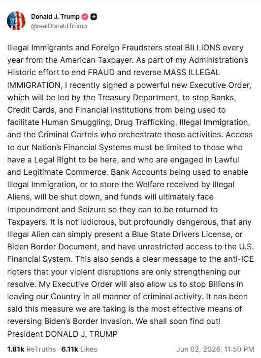 Trump signs new order to shut down bank accounts