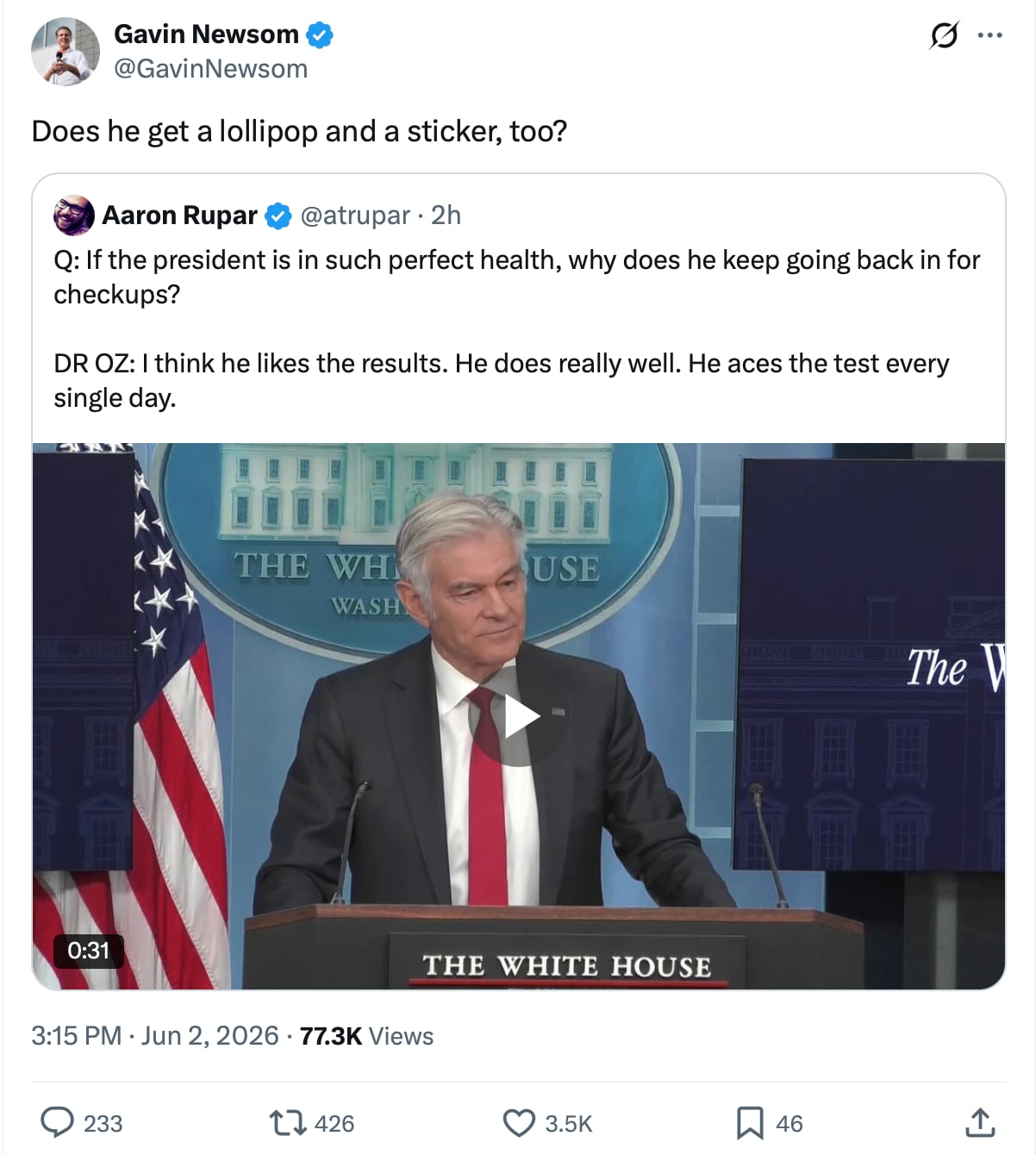 Gavin Newsom taunts Donald Trump over 'perfect' health report