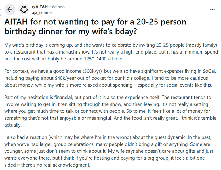 Man’s reaction to wife’s ‘expensive’ bday request jeered: ‘Me me me’