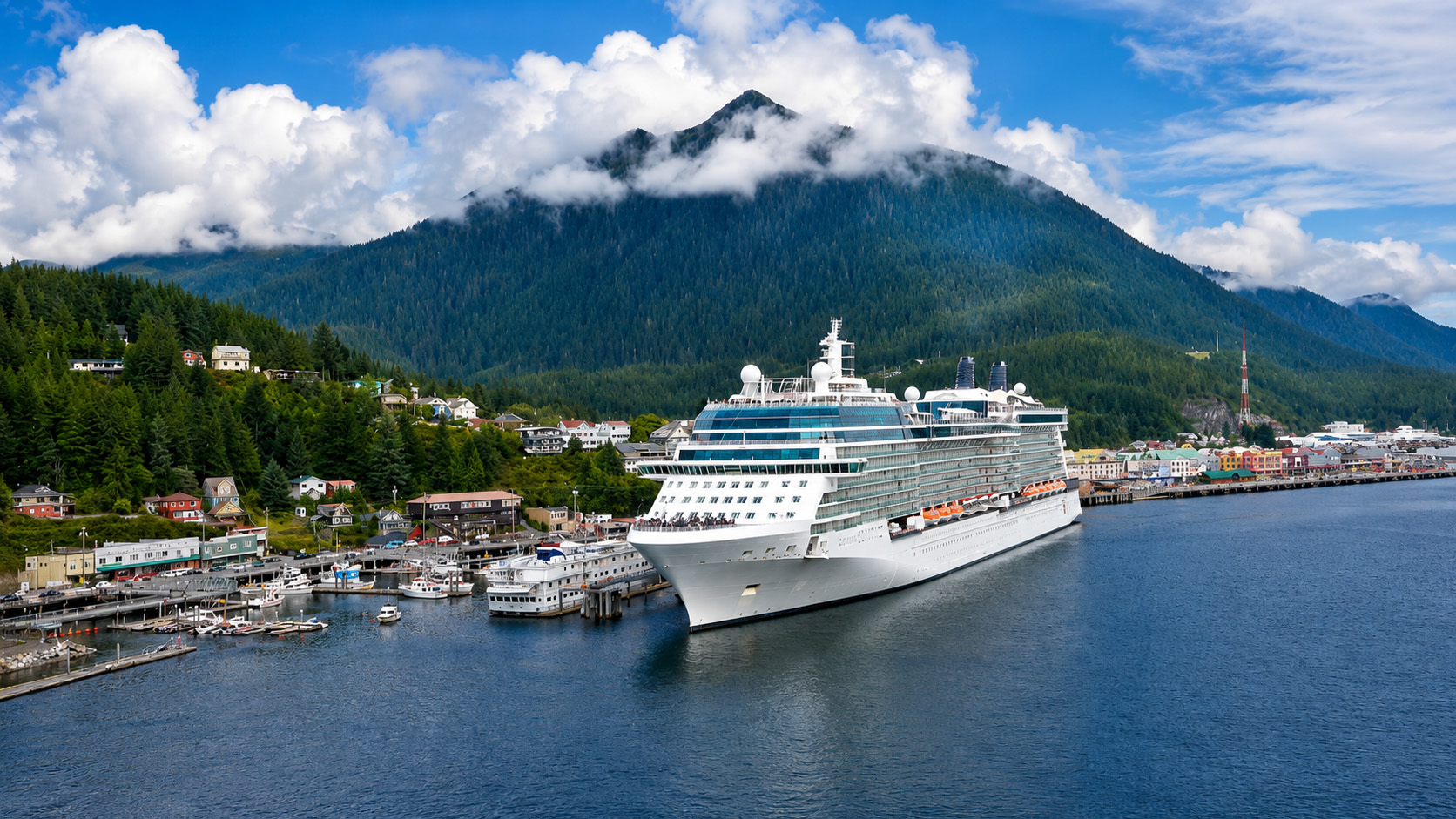 A massive cruise ship arriving between Alaska’s mountains