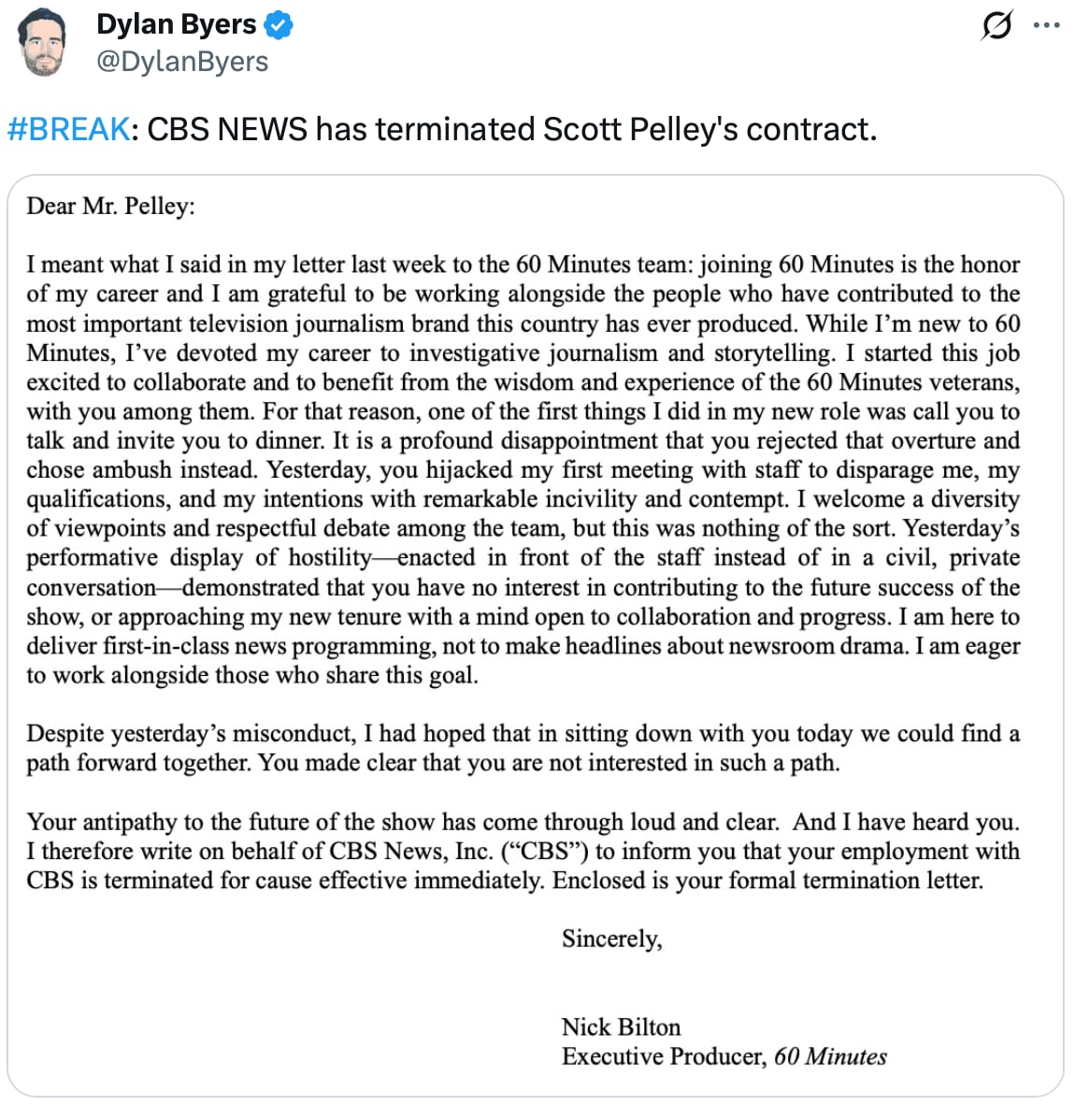 Veteran reporter Scott Pelley fired from "60 Minutes"