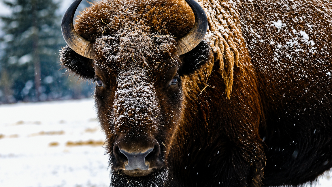 European bison standing in a snow-covered winter environment