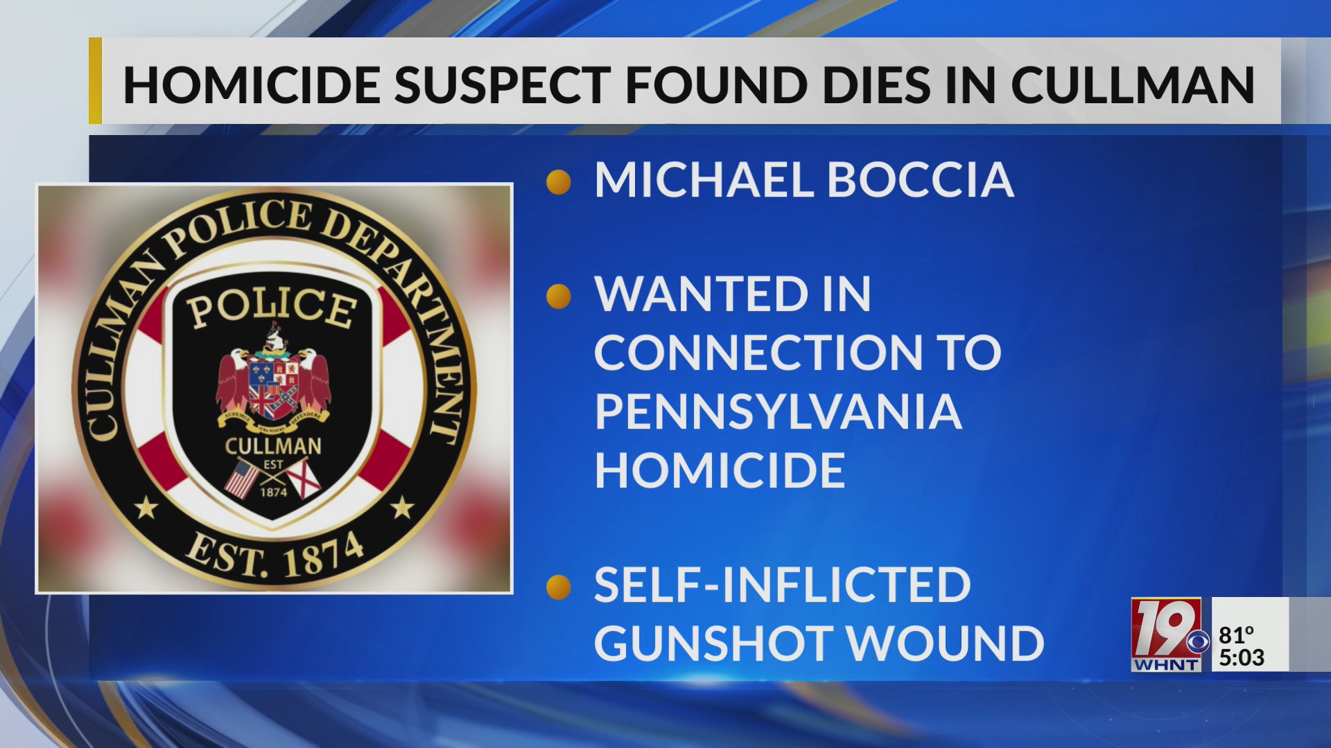 Homicide suspect found, dies in Cullman | JNews 19 at 5:00