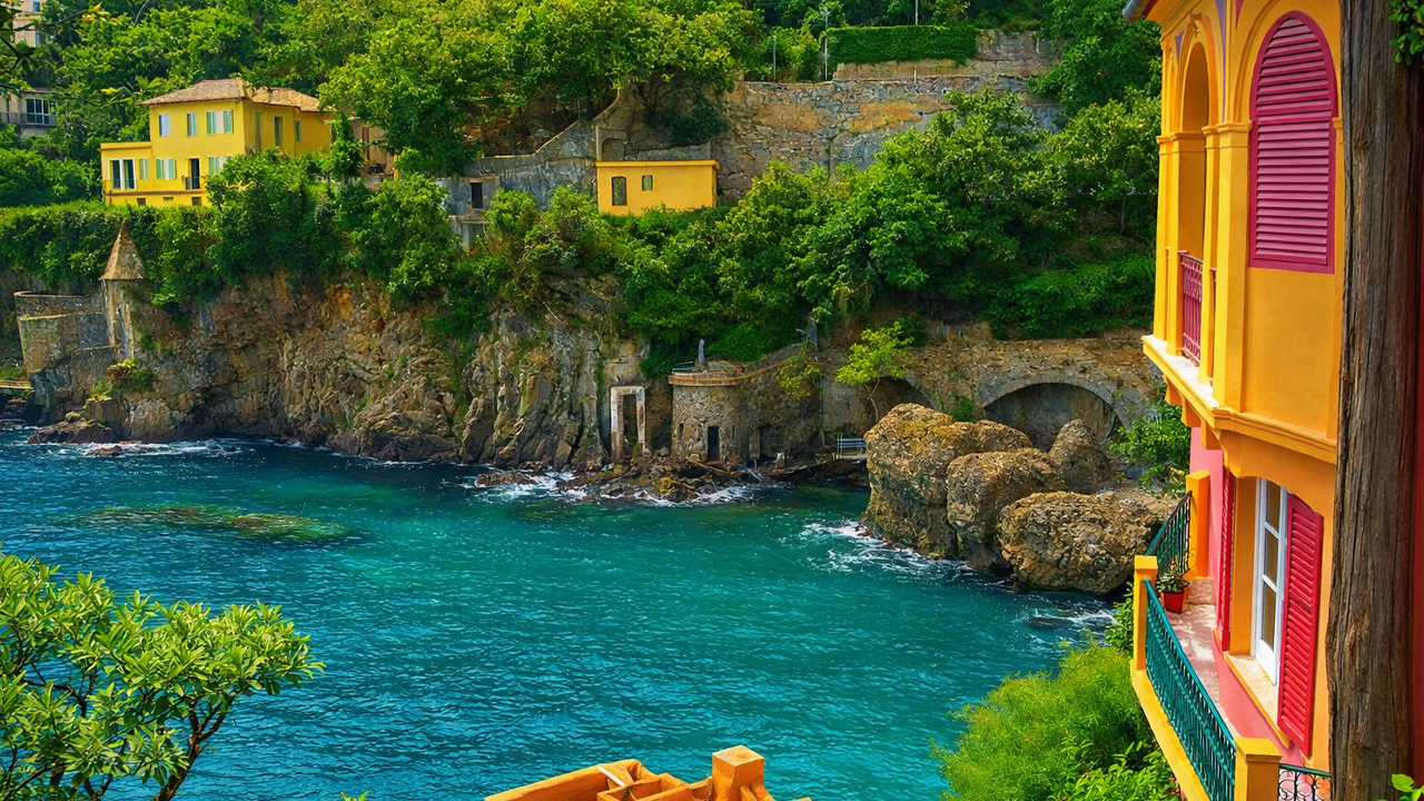Portofino harbor walk with colorful houses
