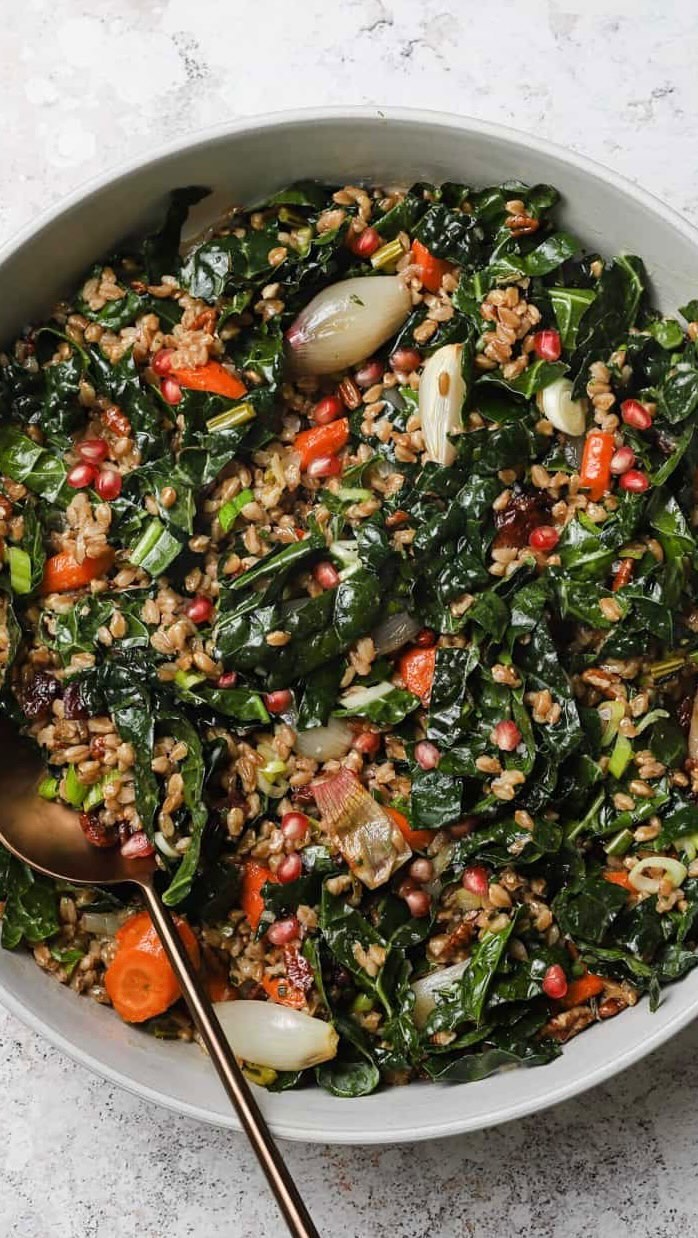 Warm farro grain bowl with roasted vegetables