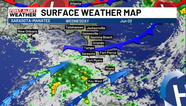 Weak front moving across Florida to bring rain to the Suncoast