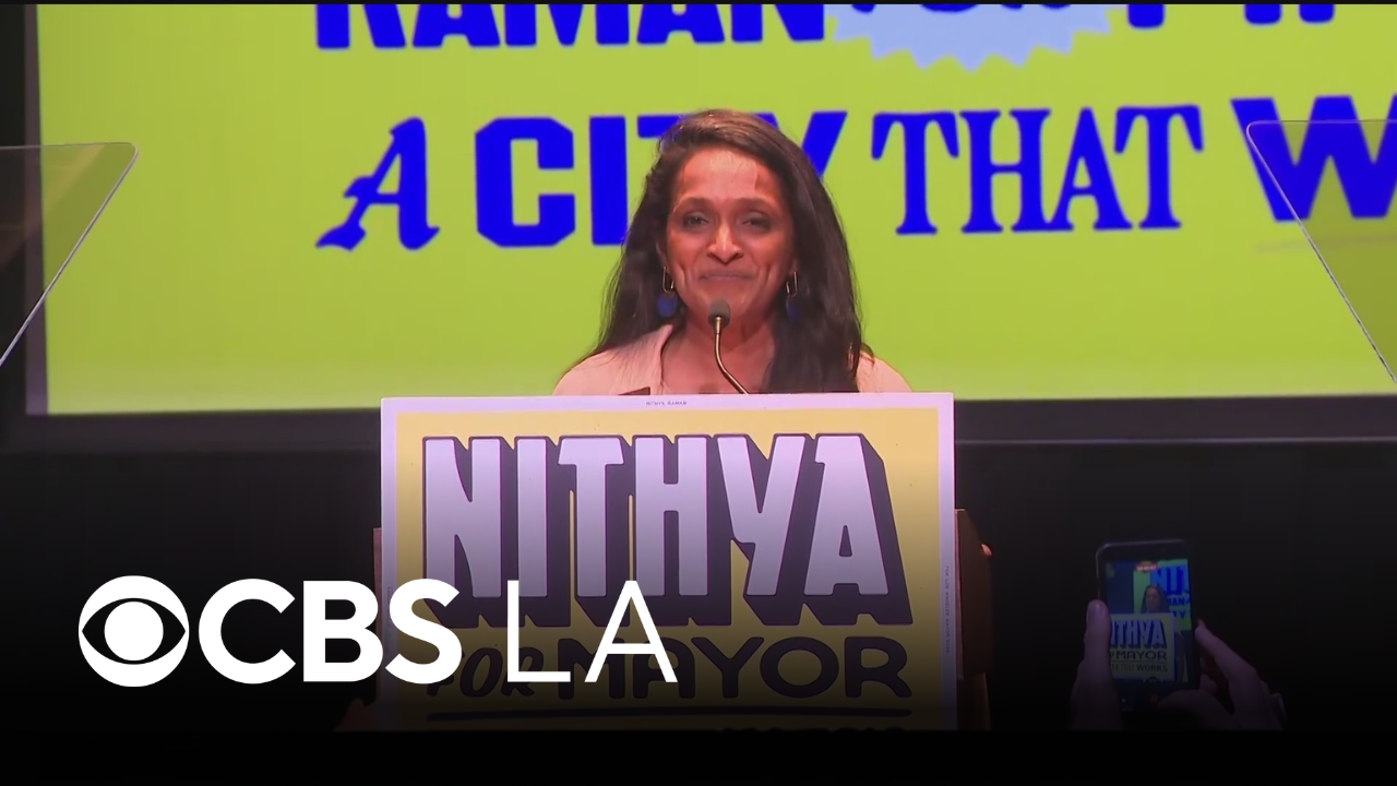 Councilmember Nithya Raman addresses supporters as early results for LA ...