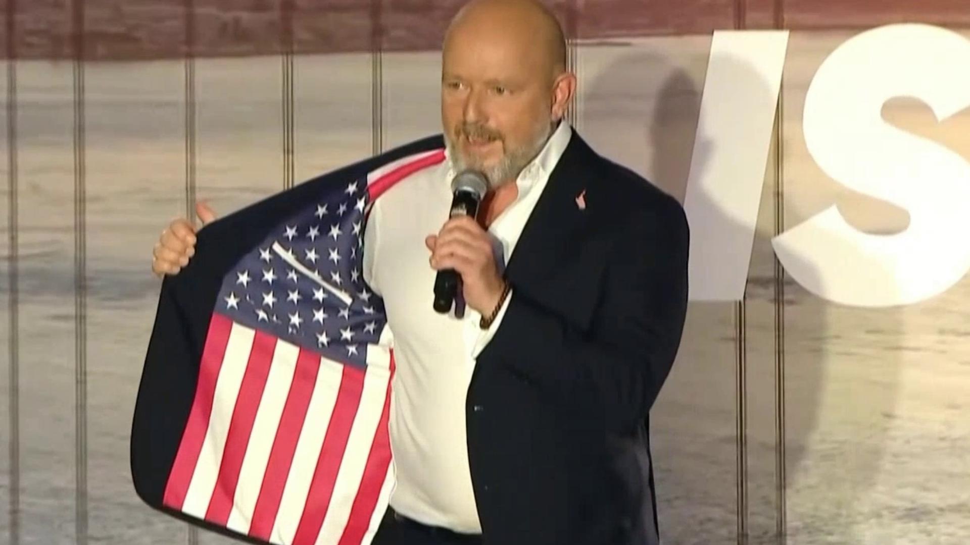 Steve Hilton shows off his special jacket on election night