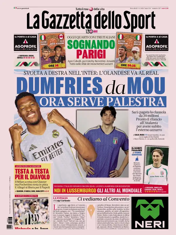Le prime pagine dei quotidiani sportivi – 3 giugno 2026