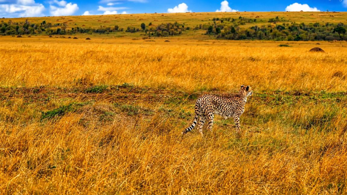 A lone cheetah searching beyond the tall grass