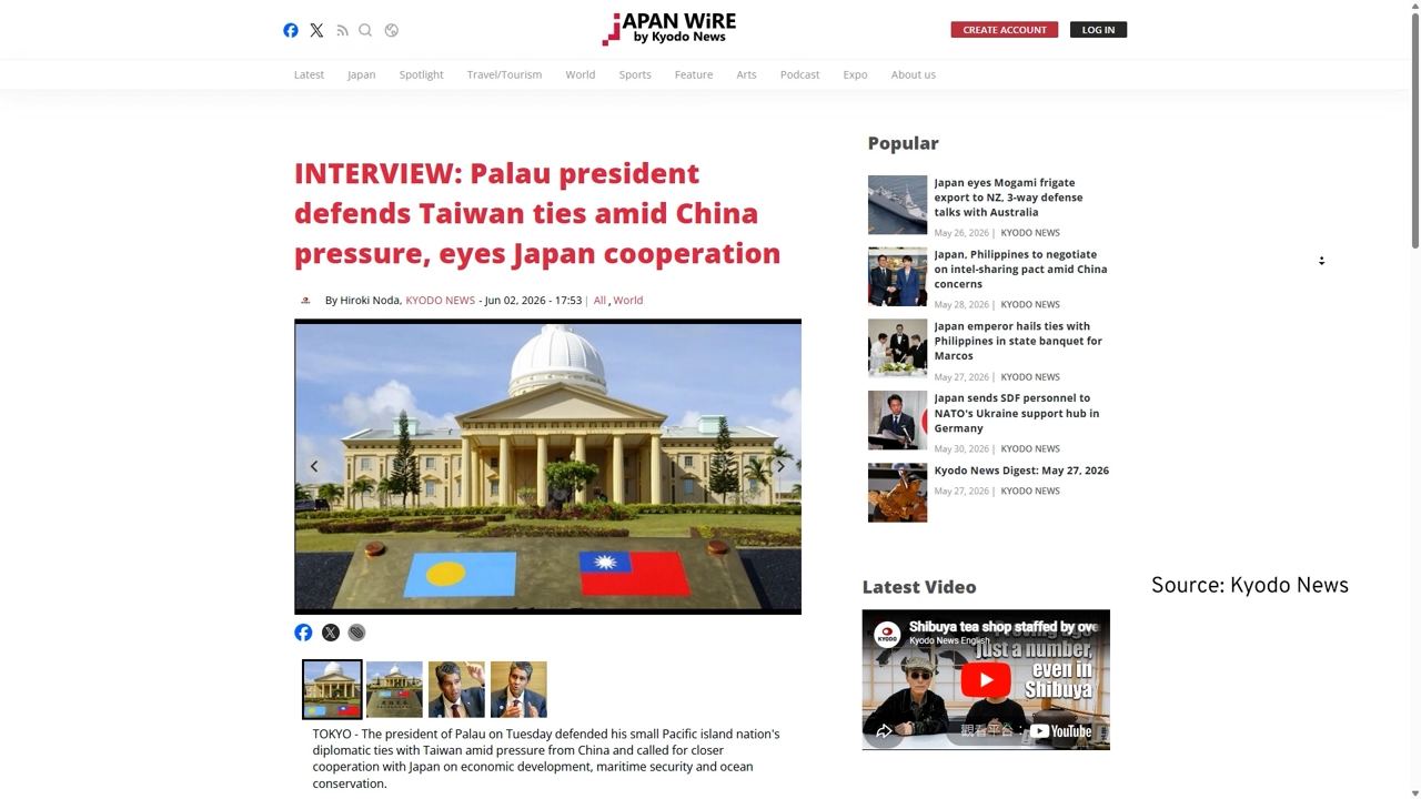 Palau defends Taiwan ties despite China pressure