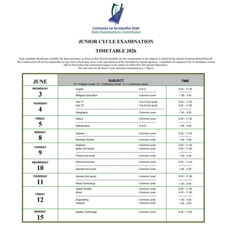 Junior Cert timetable 2026: All the essential dates and times
