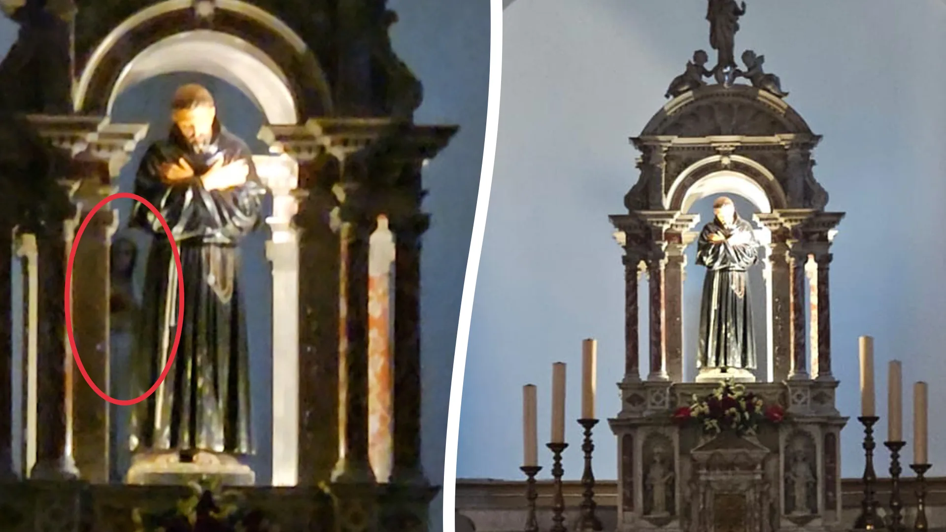 Ghostly woman appears behind alter statue in church frightening tourist