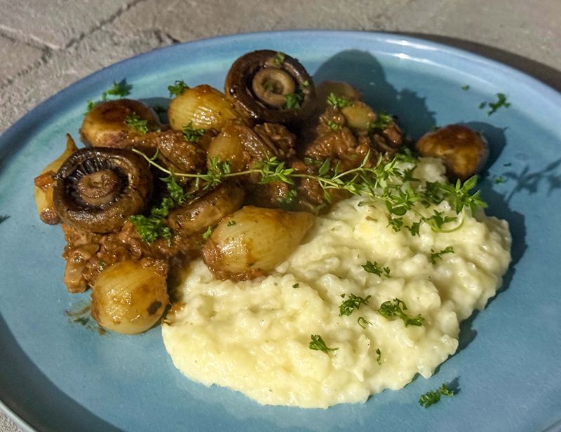 Weekday boeuf bourguignon cooked on the stove top