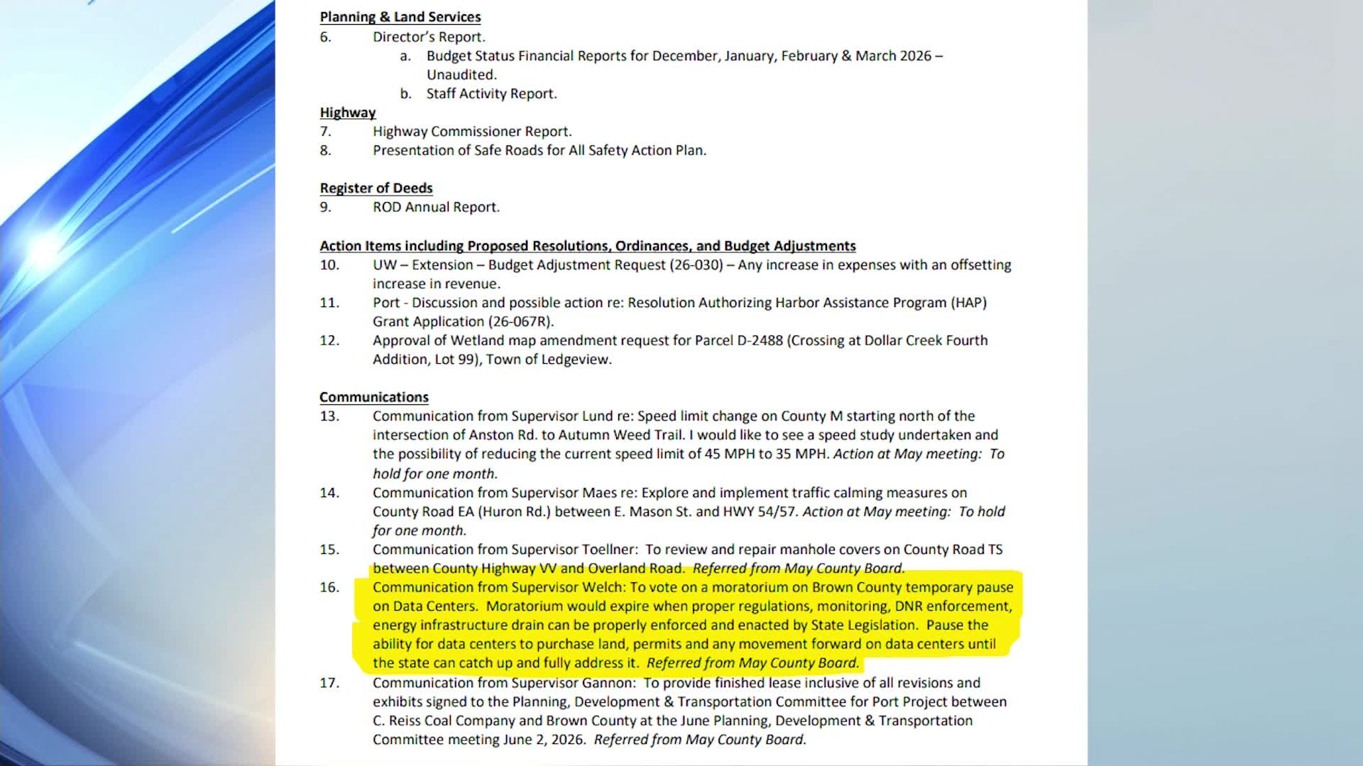 Brown County committee tables data center moratorium agenda item