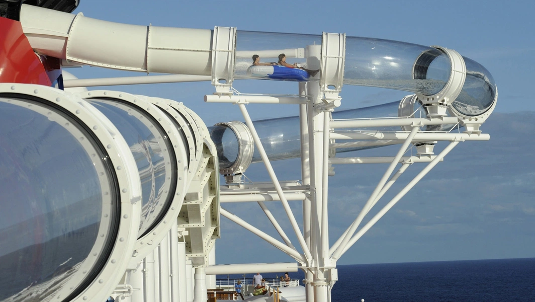 Cruise ship water slides making waves at sea
