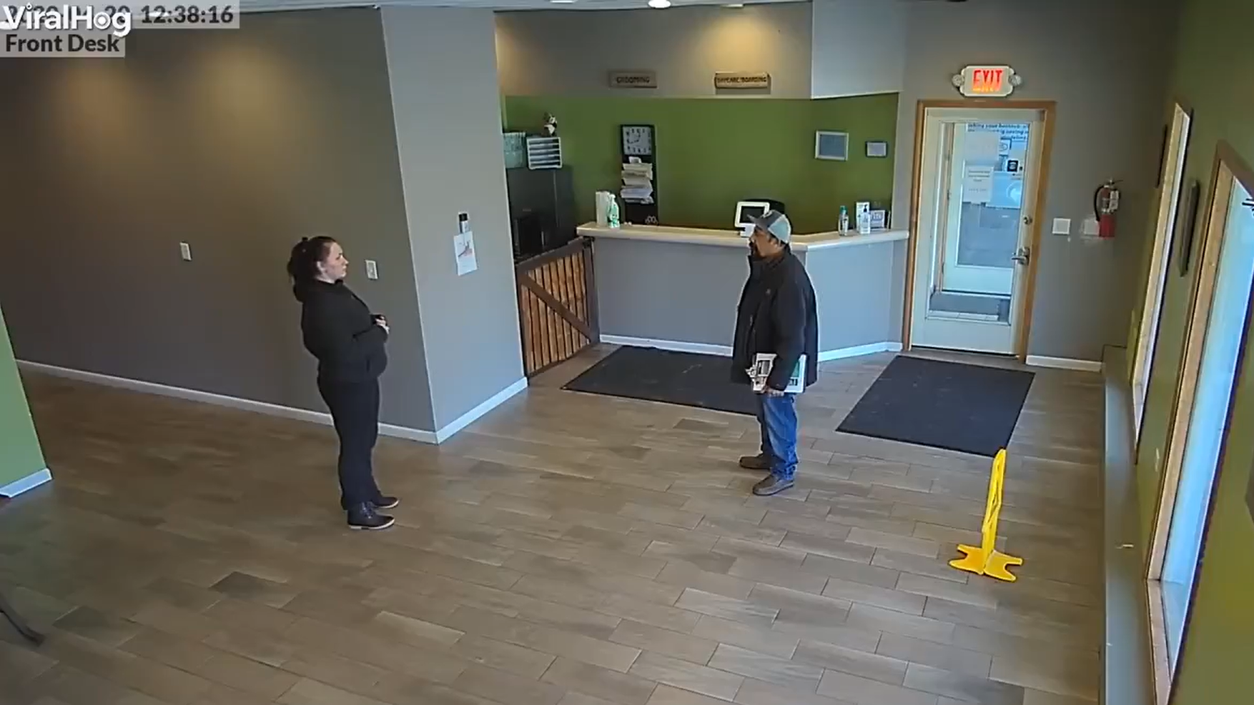 Man makes a mess on reception area rug