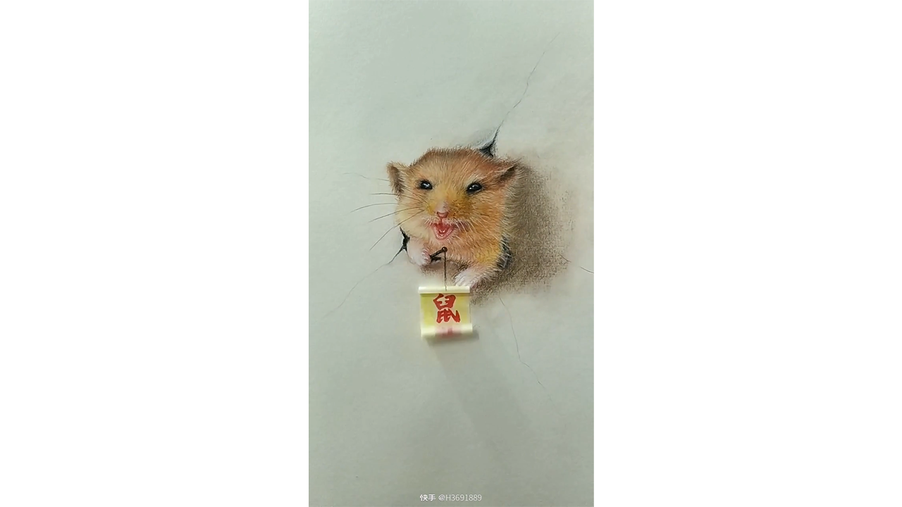 Hyper realistic hamster drawing emerging from a cracked wall with tiny ...