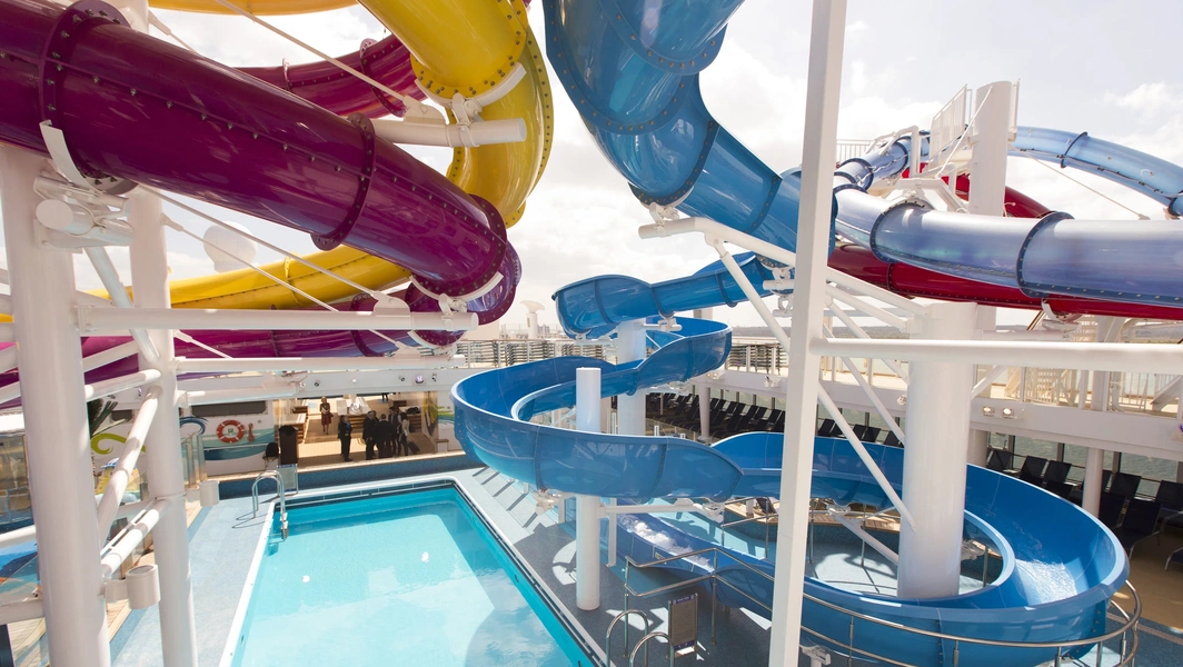Cruise ship water slides making waves at sea