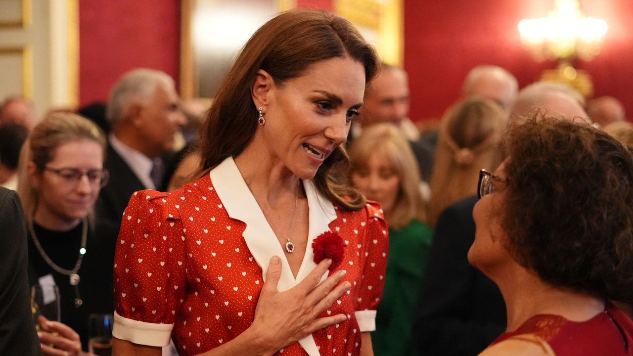 Kate Middleton's strawberry-red dress puts twist on polka dots as she ...
