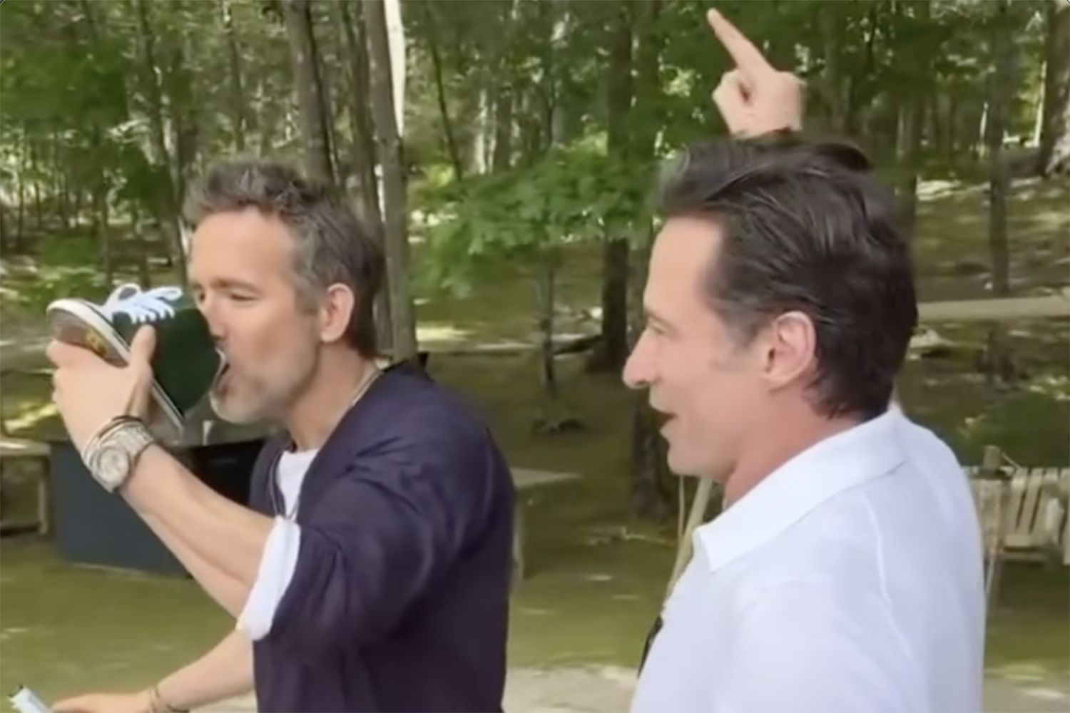 Ryan Reynolds and Hugh Jackman chug beer from a sneaker to celebrate ...