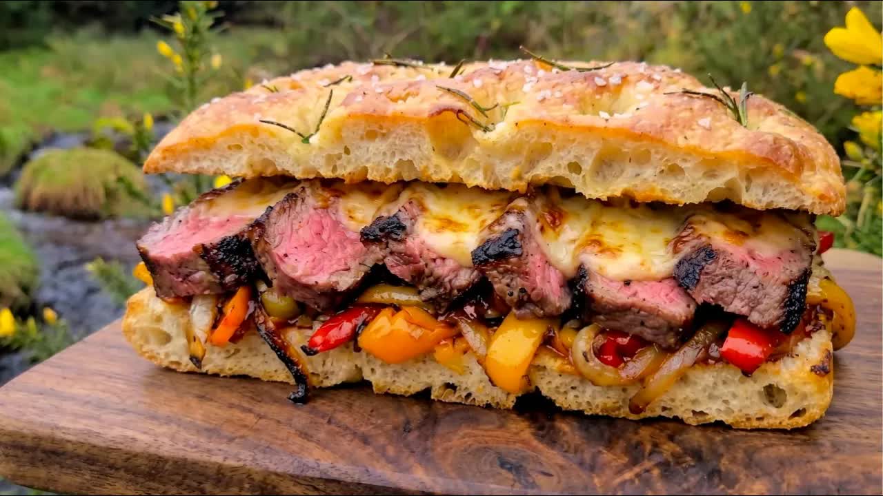 Watch how this focaccia steak sandwich comes together over fire