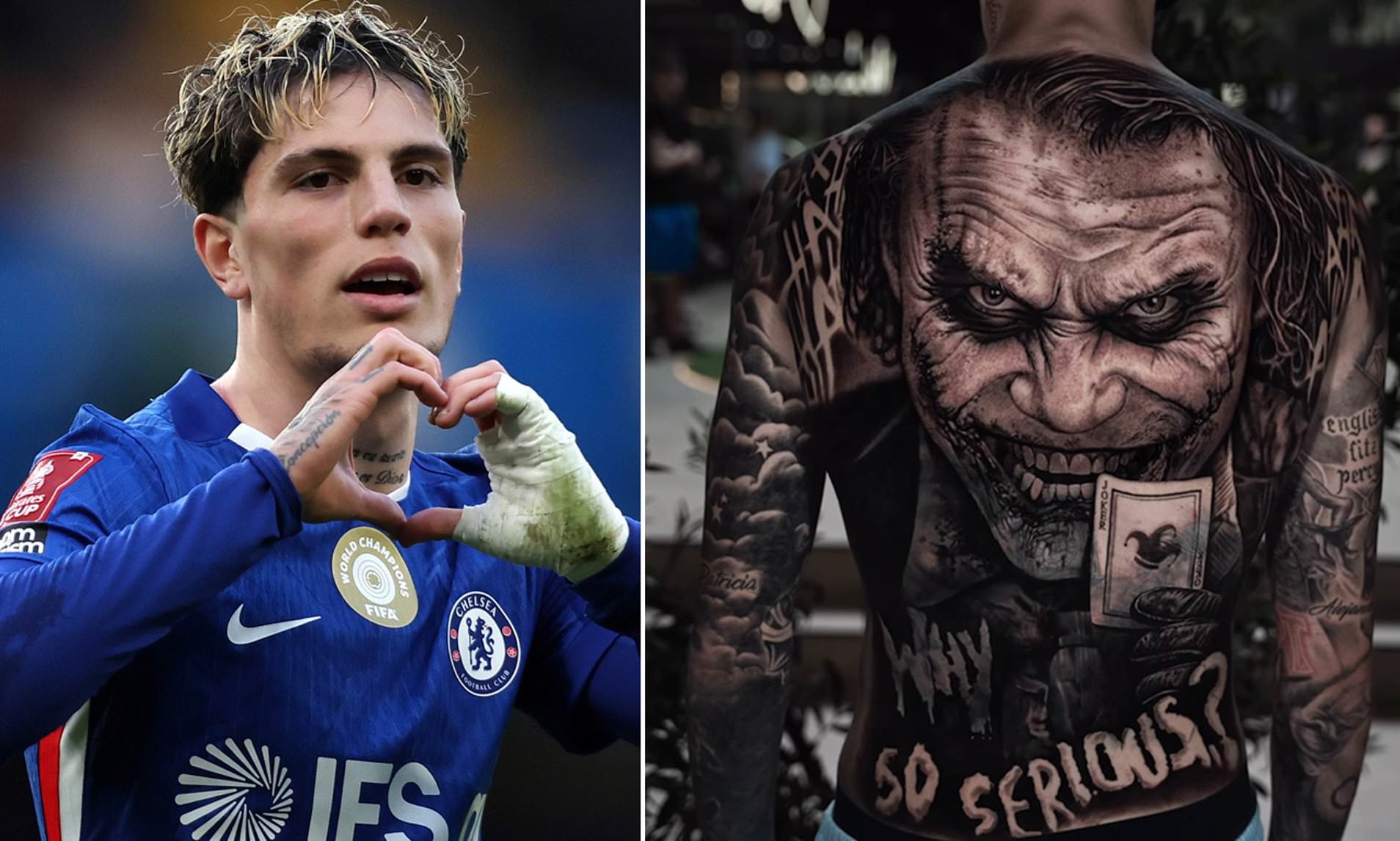 Chelsea star Alejandro Garnacho shows off huge new 'Joker' back tattoo