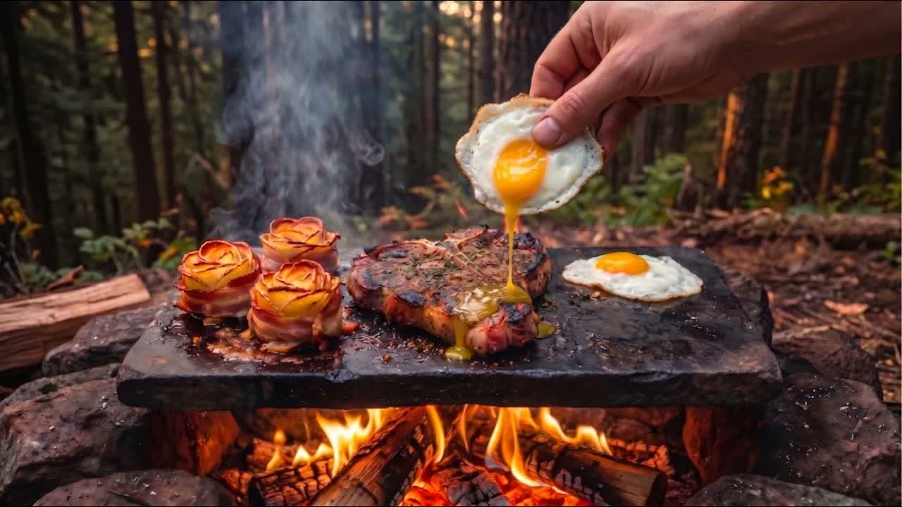 Watch how steak and bacon roses turn into a survival feast