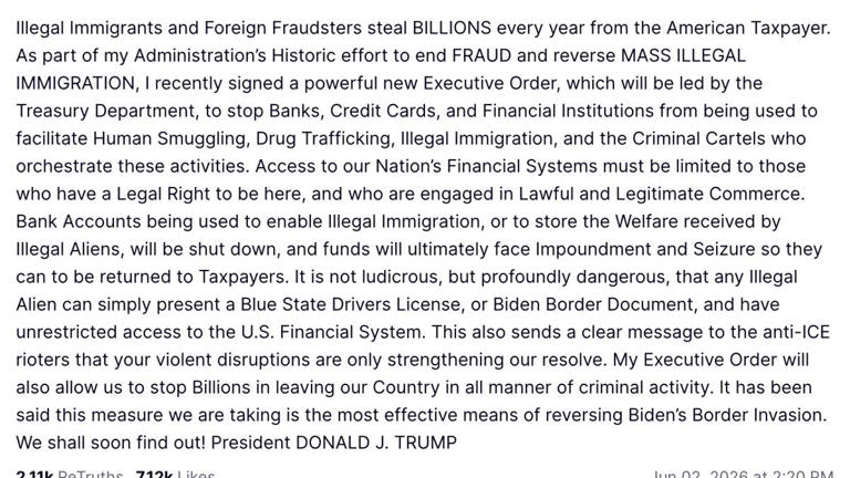 Trump threatens migrants with bank account closures and asset seizures