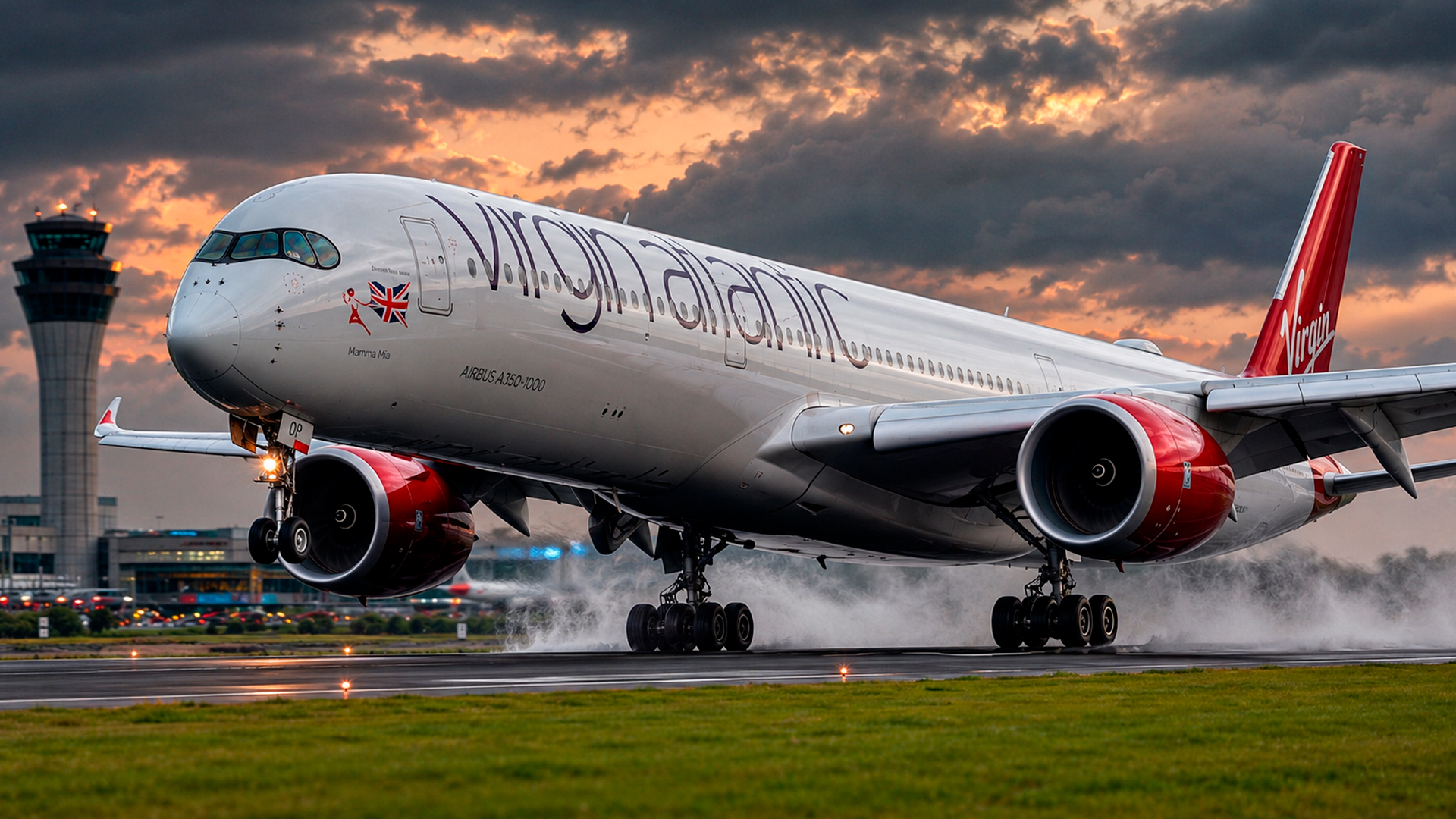Virgin A350 lands with heavy runway spray