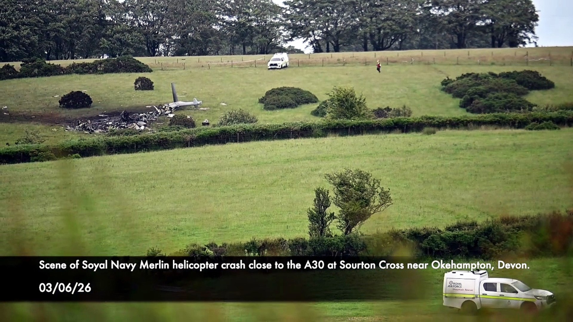 RN Merlin helicopter crash scene near Sourton Cross, Okehampton