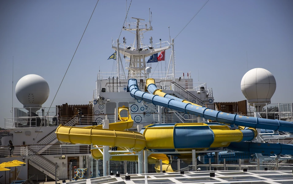 Cruise ship water slides making waves at sea