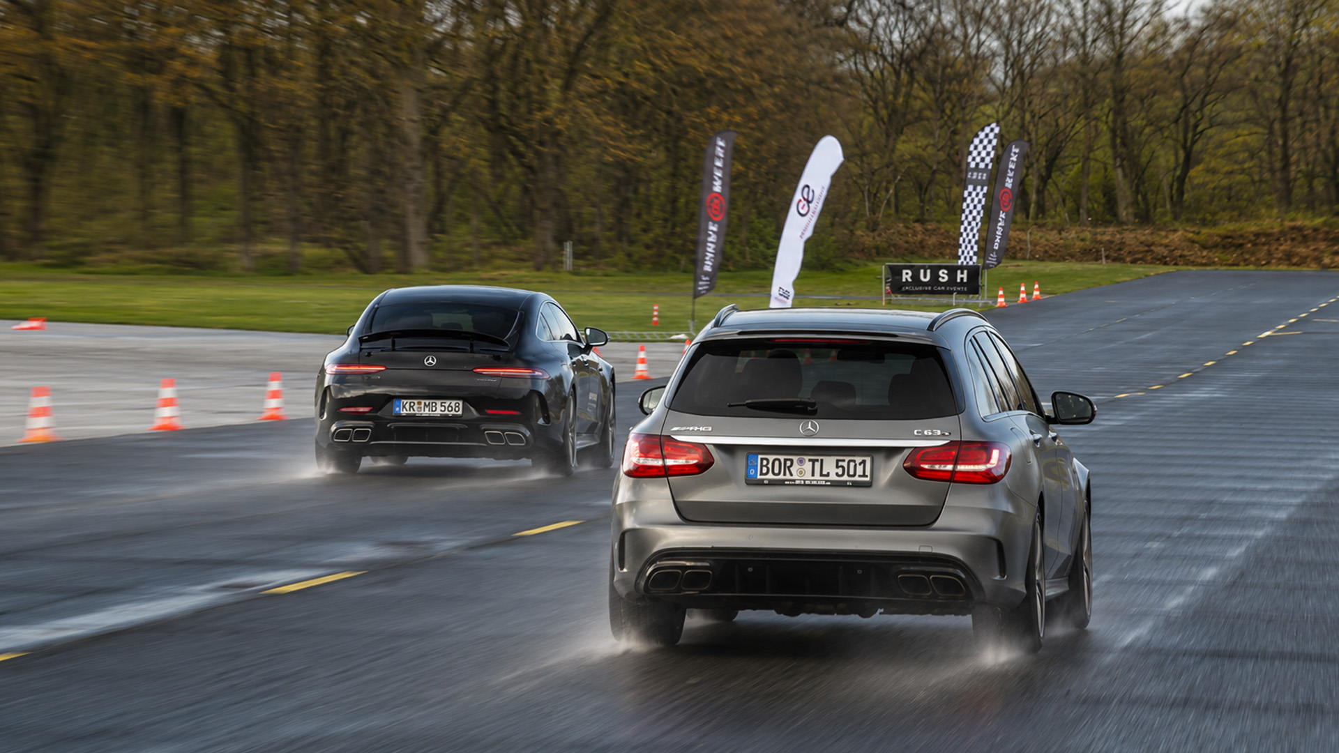 Mercedes C63 wagon challenges AMG GT on wet drag race