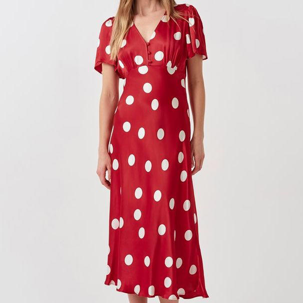 Kate Middleton's strawberry-red dress puts twist on polka dots as she ...