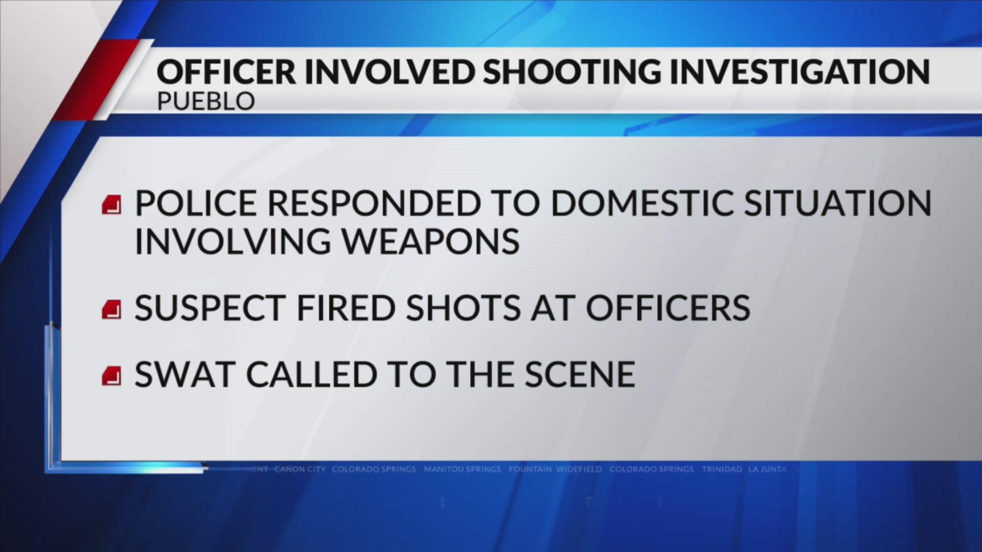 Suspect injured in officer-involved shooting in Pueblo