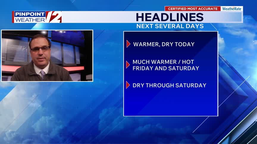 WPRI 12 weather now: Sunny, warm and dry today
