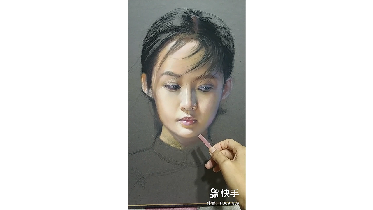 Realistic pastel portrait drawing of a young woman with soft skin tones ...