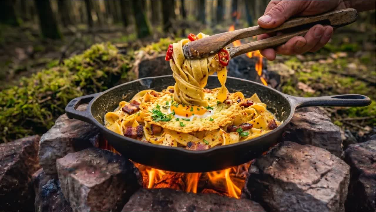 Watch how this forest carbonara comes together over open fire