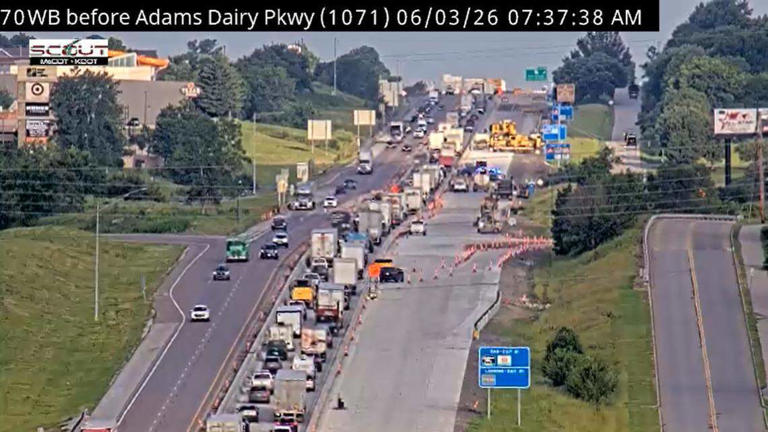 Two-vehicle crash in construction zone stalls traffic on I-70 in Blue ...
